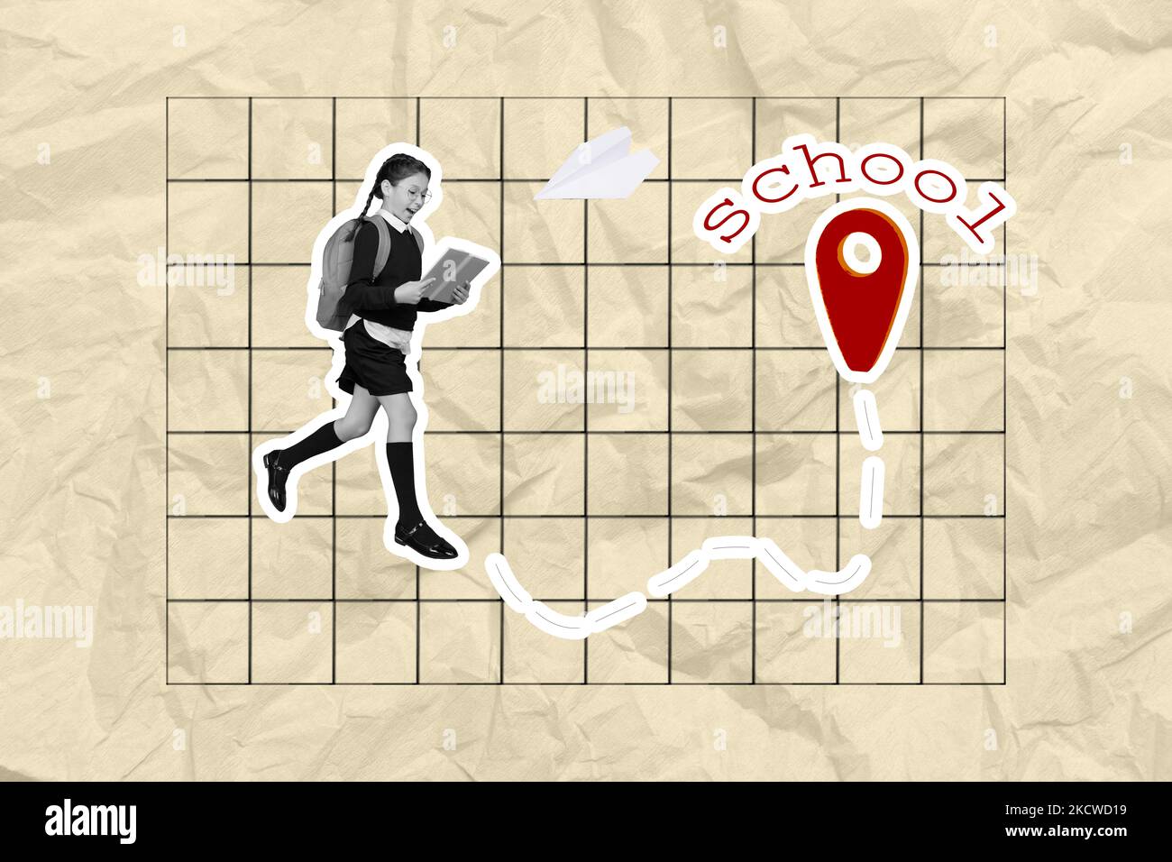 Creative photo illustration collage of young schoolgirl back go to ...