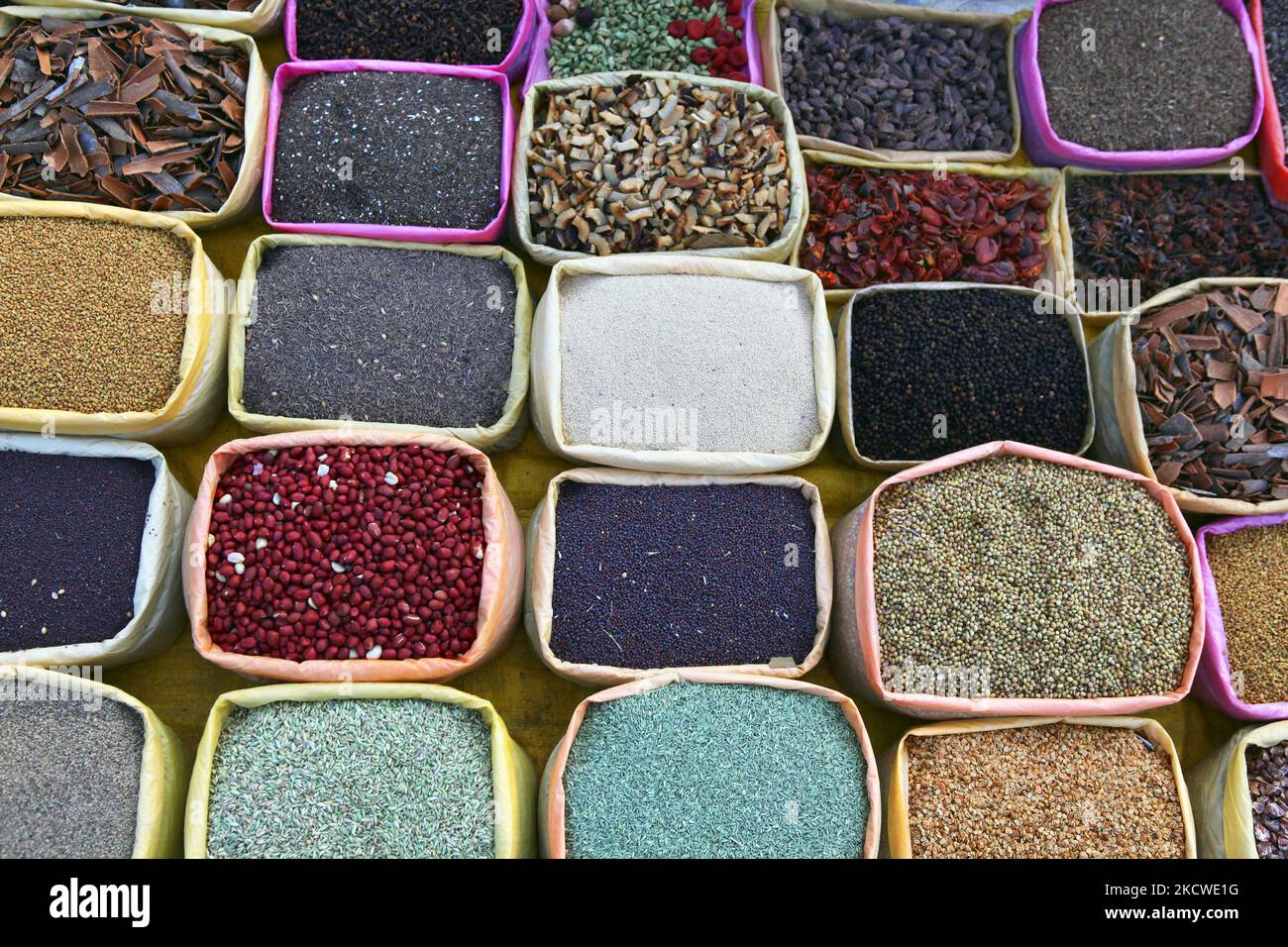Variety of spices displayed at the Shaniwaar Subzi Bazaar, which is the ...