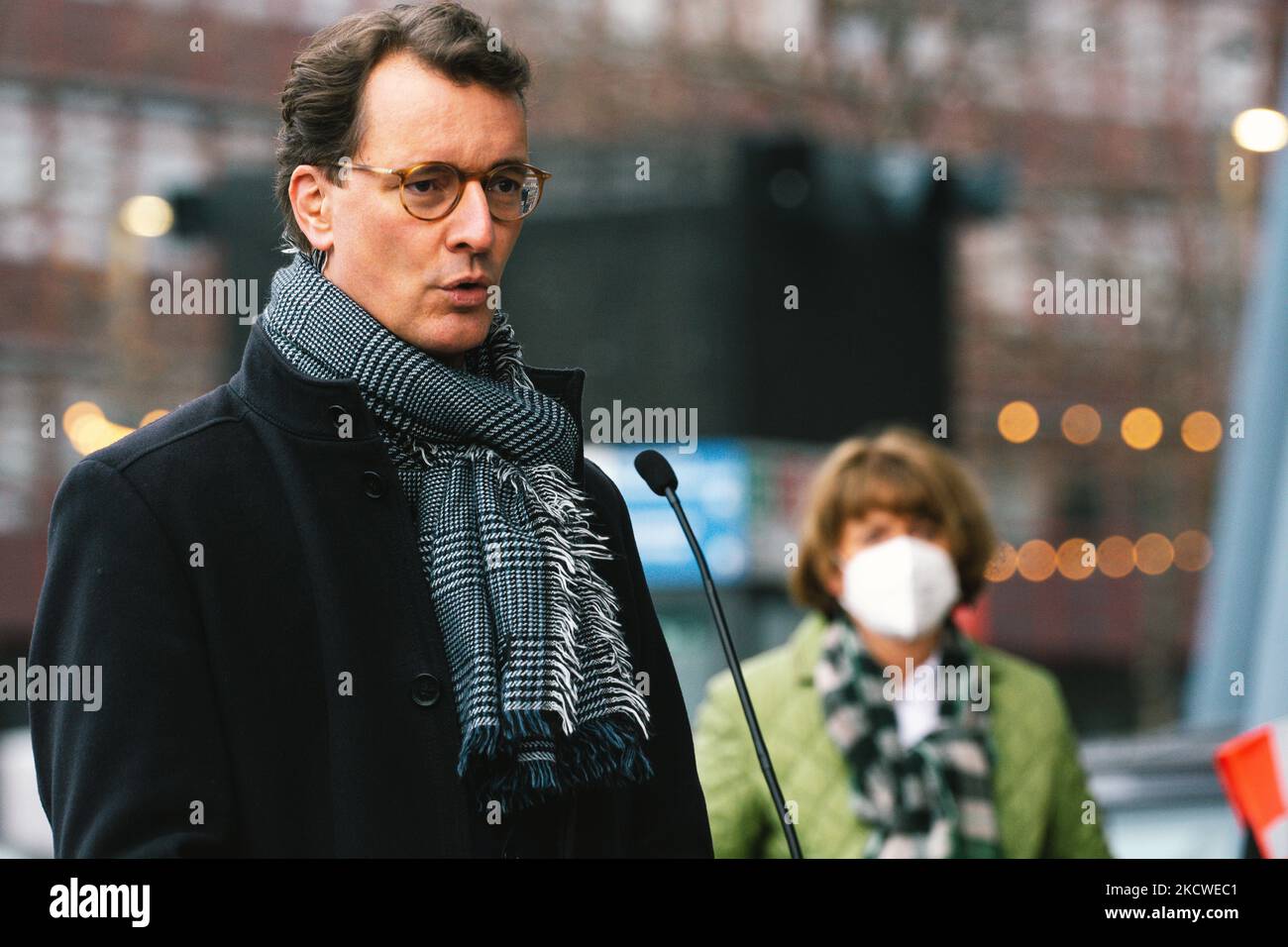 new state prime minister Hendrik Wuest speaks to the press at Lanxess ...