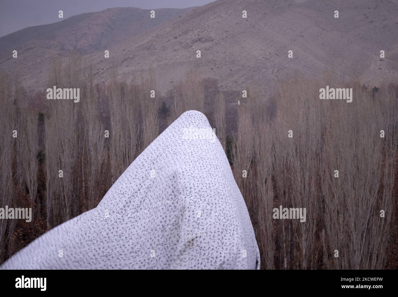 An Iranian woman in white chador (Islamic dressing code) stands on a ...