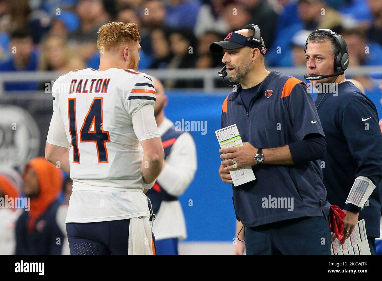 Chicago Bears head coach Matt Nagy talks to quarterback Andy Dalton (14 ...