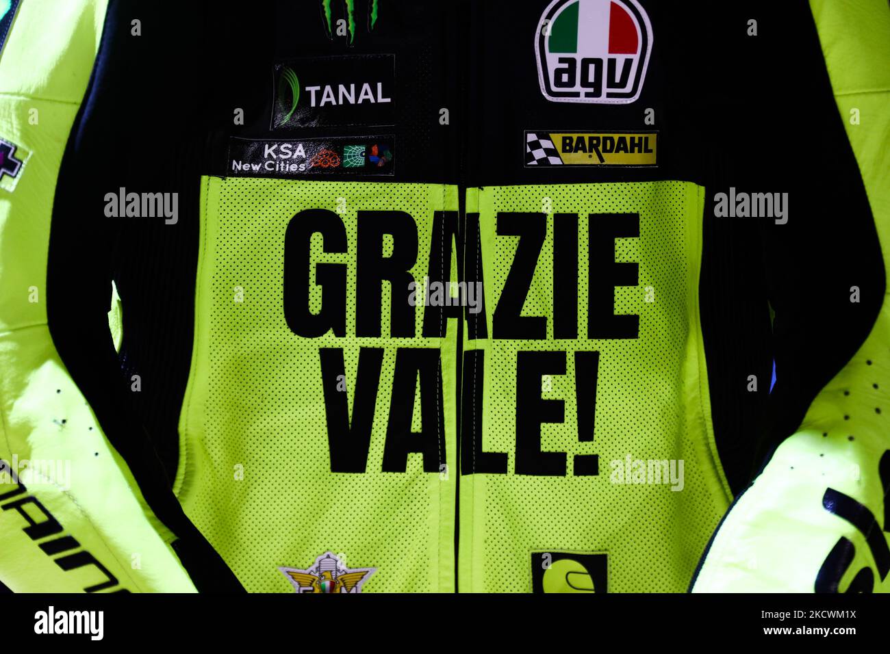 'Grazie Vale!' sign is seen on the motorcycle racing suit during the ...