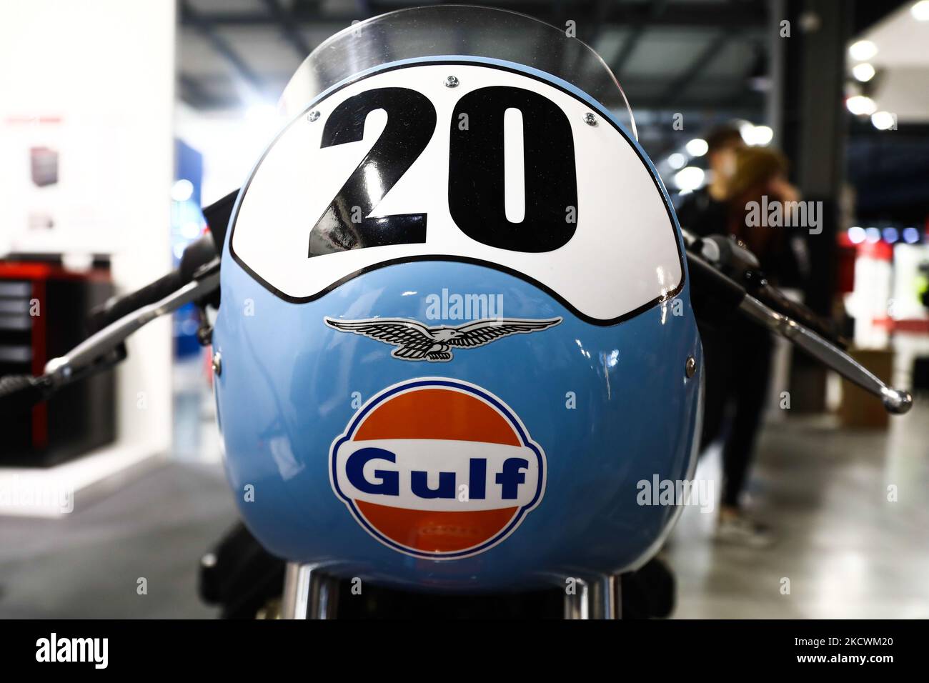 Gulf logo is seen on the Moto Guzzi motorcycle during the EICMA ...