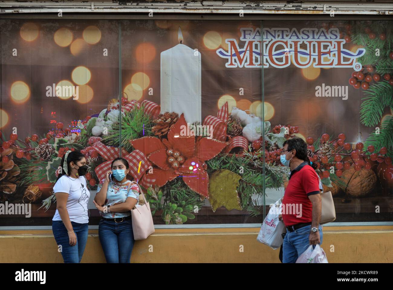 Shop window with Christmas decorations, in the center of Merida. On ...