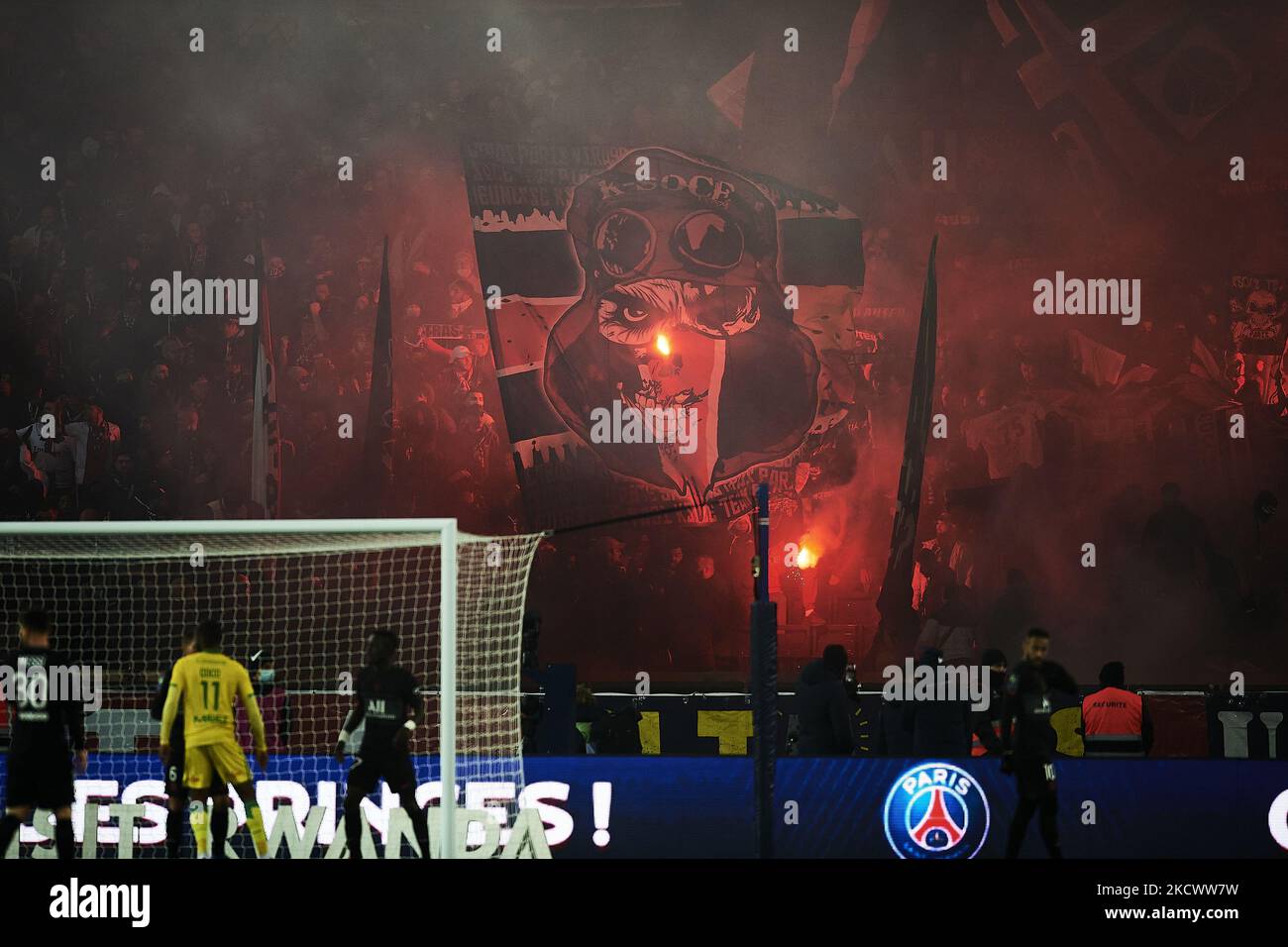PSG supporters with fireworks and flares during the Ligue 1 Uber Eats ...