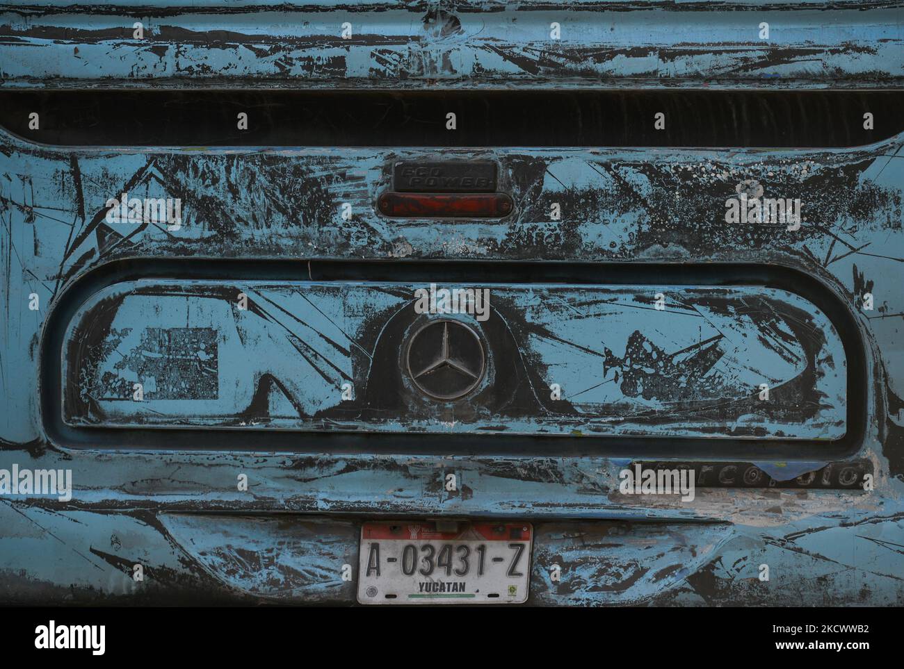Mercedes logo seen on an old bus in Merida. On Sunday, November 28 ...