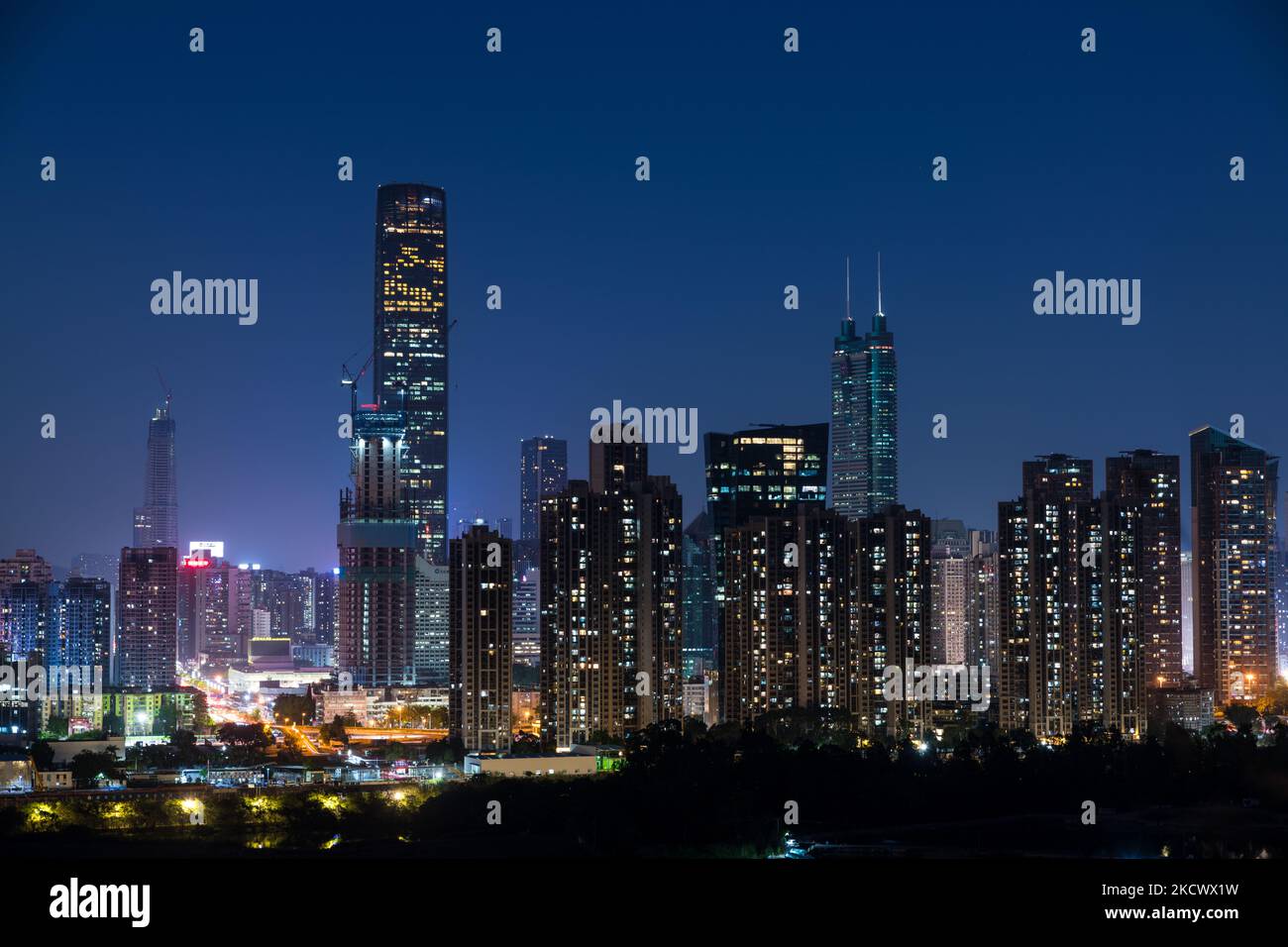 Shenzhen, China, 29 Nov 2021, A view of Shenzhen at night with on right ...