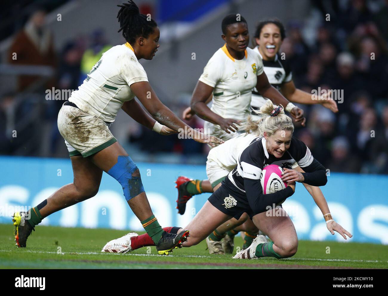 Natasha Hunt of Barbarians goes over for her Try during The Killik Cup ...