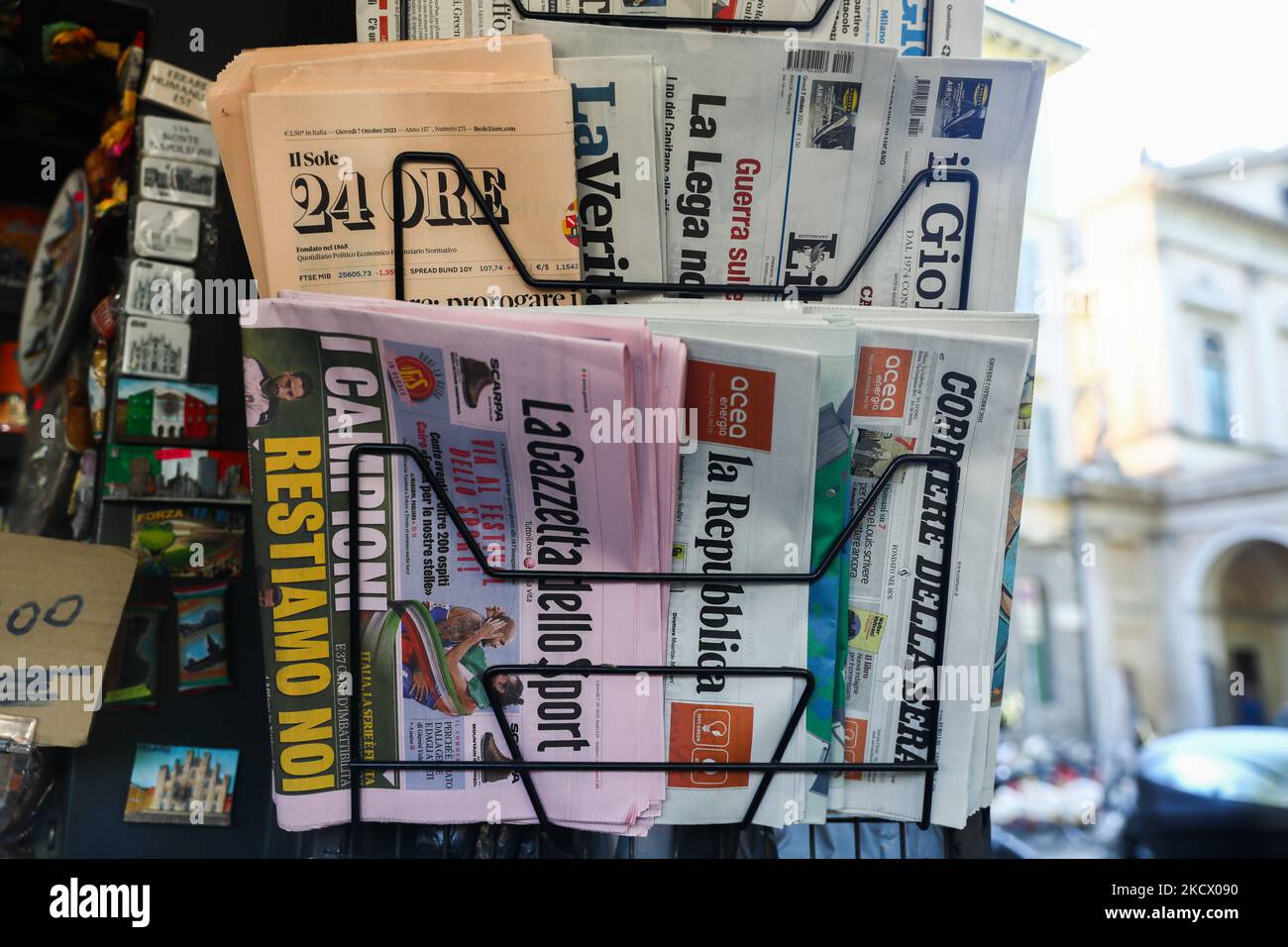 Italian newspapers are seen in a kiosk in Milan, Italy on October 7 ...