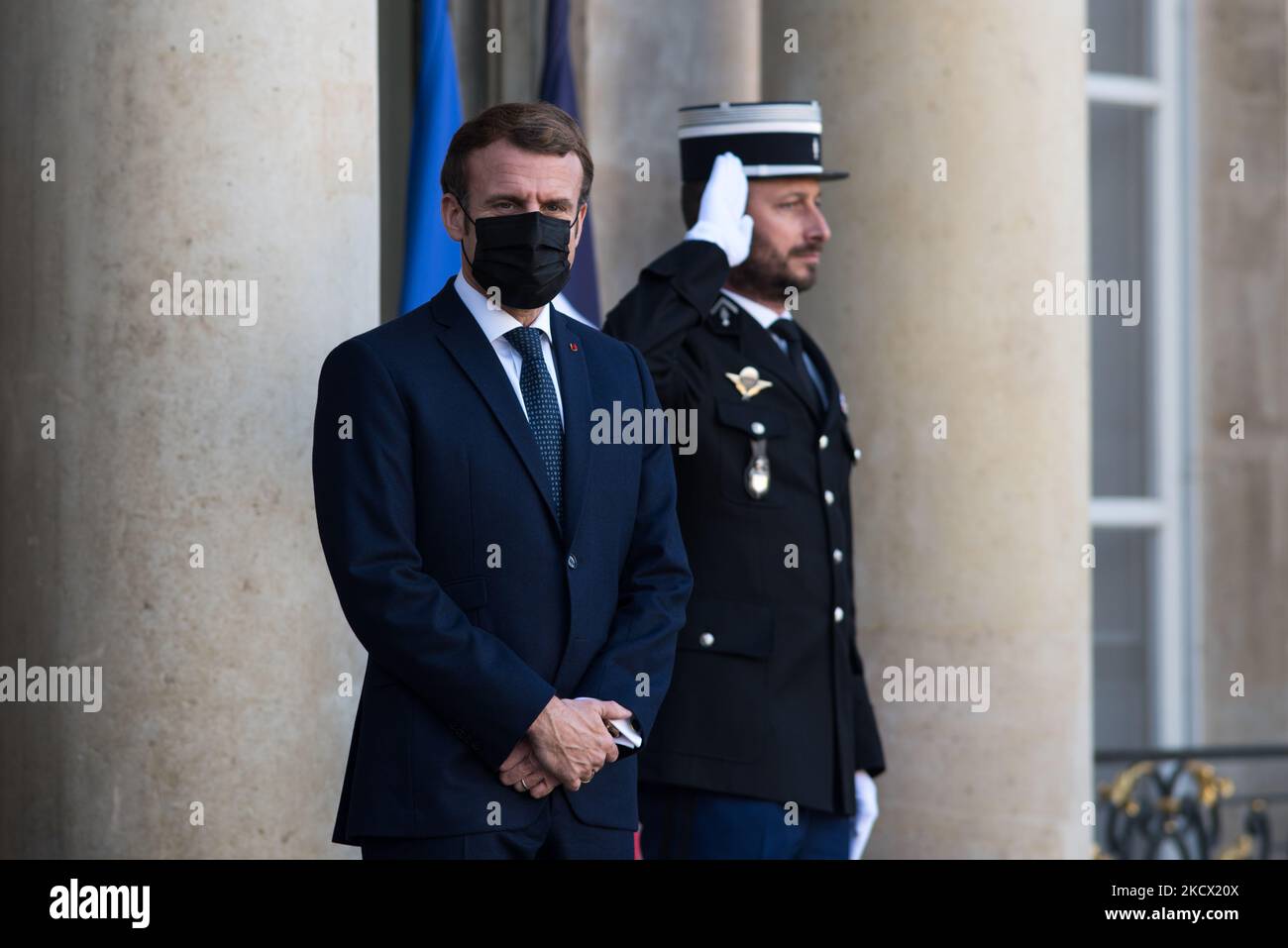 President of the Republic Emmanuel Macron awaits the arrival of Latvian ...