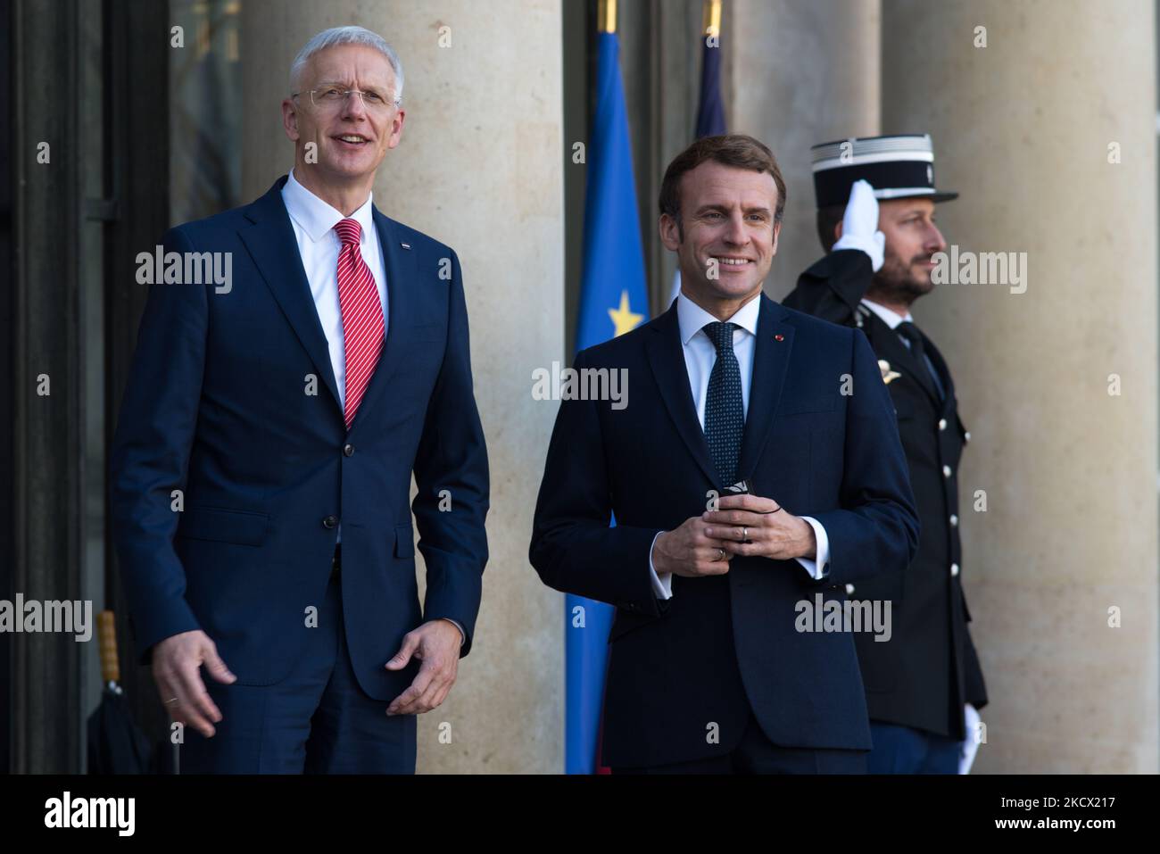 French President Emmanuel Macron welcomes Latvian Prime Minister Krišj ...