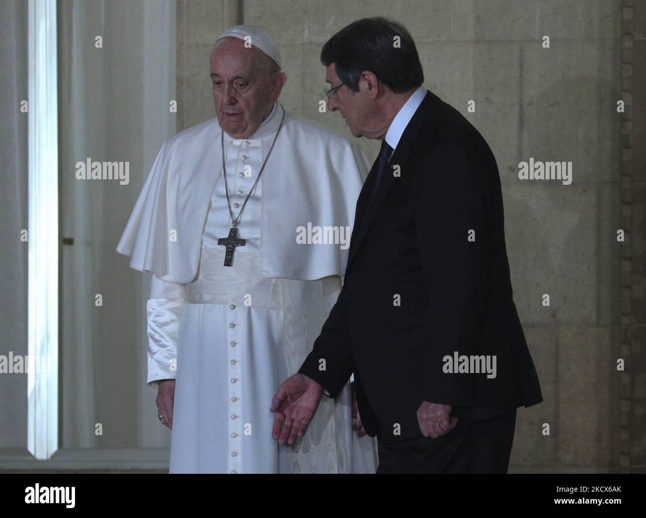 Pope Francis, left, and the President of Cyprus Nicos Anastasiades pose ...