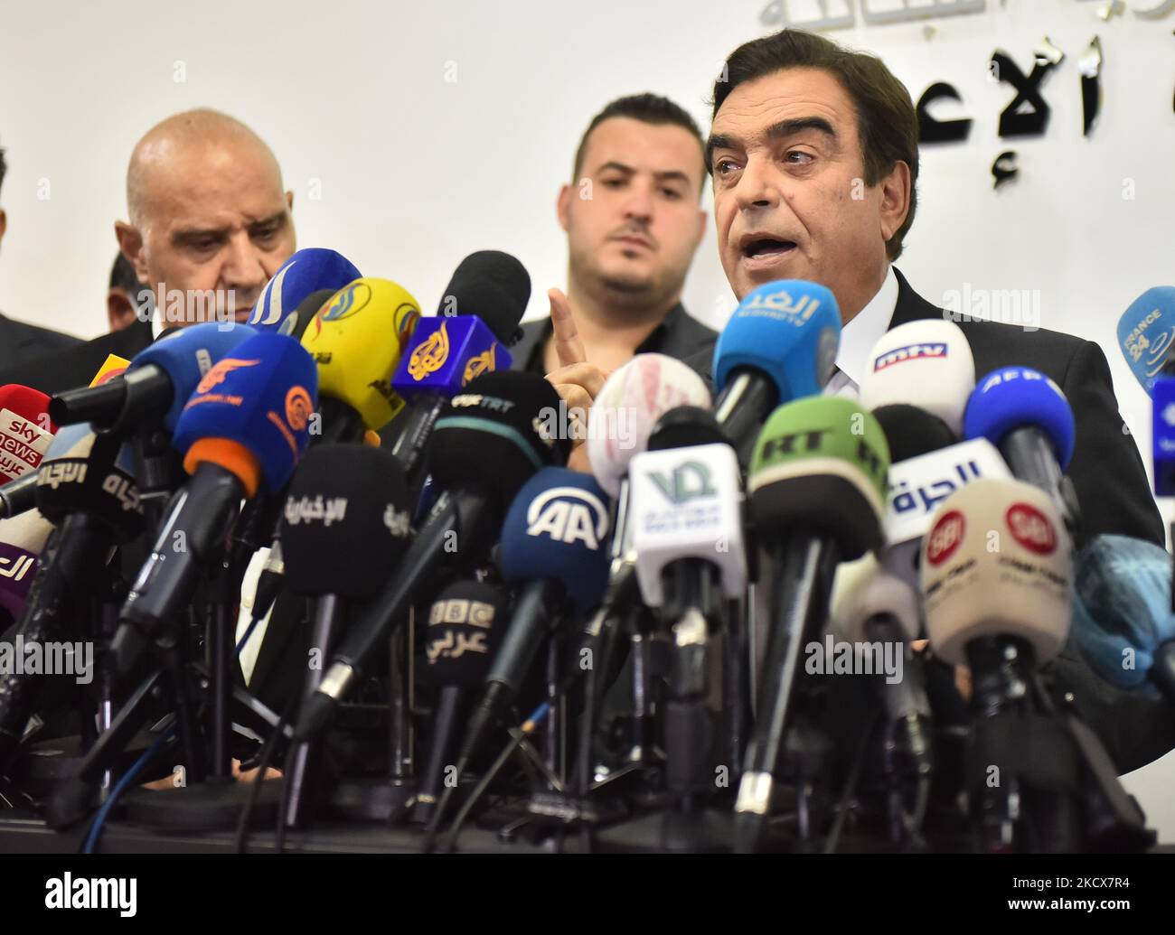 Lebanese Minister of Information George Kurdahi speaks to the media ...