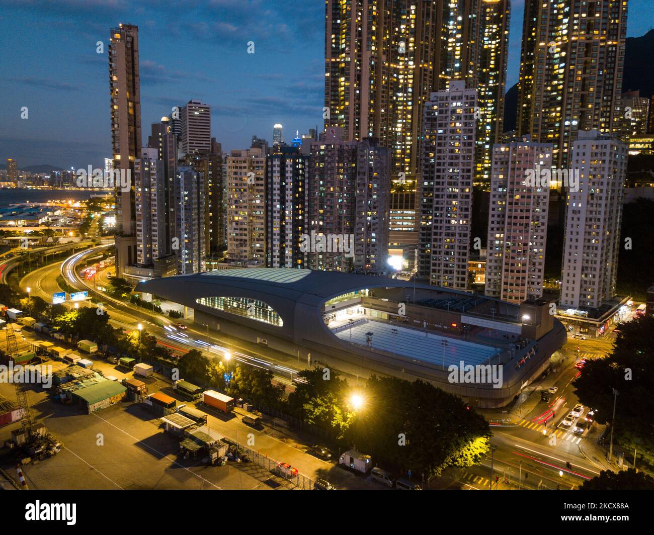 Hong Kong, 4 Dec 2021, A long exposure drone view of Kennedy Town and ...