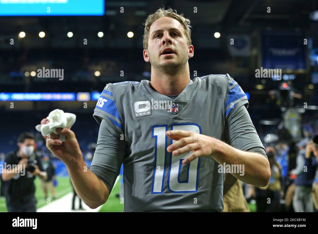 Detroit Lions quarterback Jared Goff (16) celebrates his first season ...