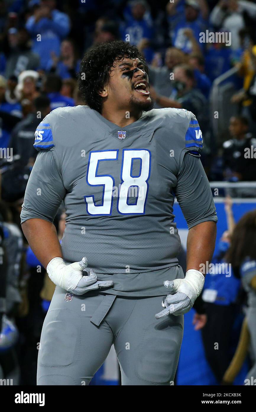 Detroit Lions offensive tackle Penei Sewell (58) celebrates the first ...