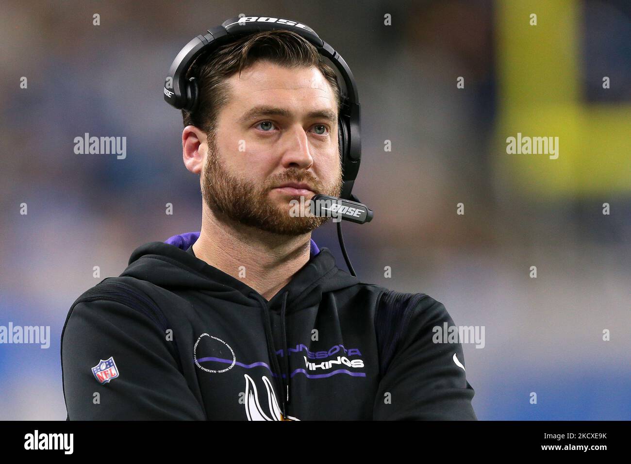 Minnesota Vikings quarterbacks coach Andrew Janocko follows the play ...