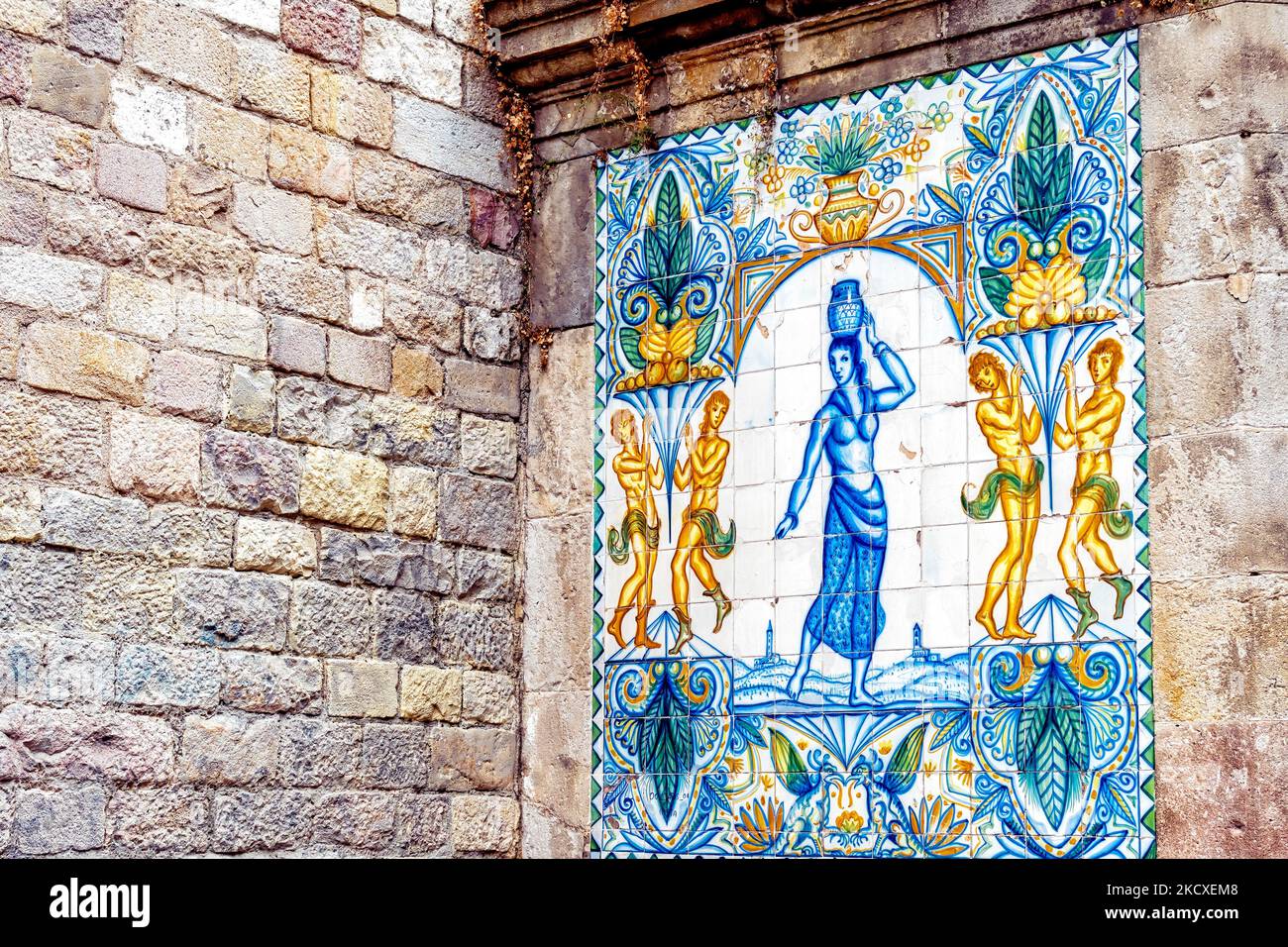 Medieval tile art in the Gothic district in Barcelona, Spain Stock ...