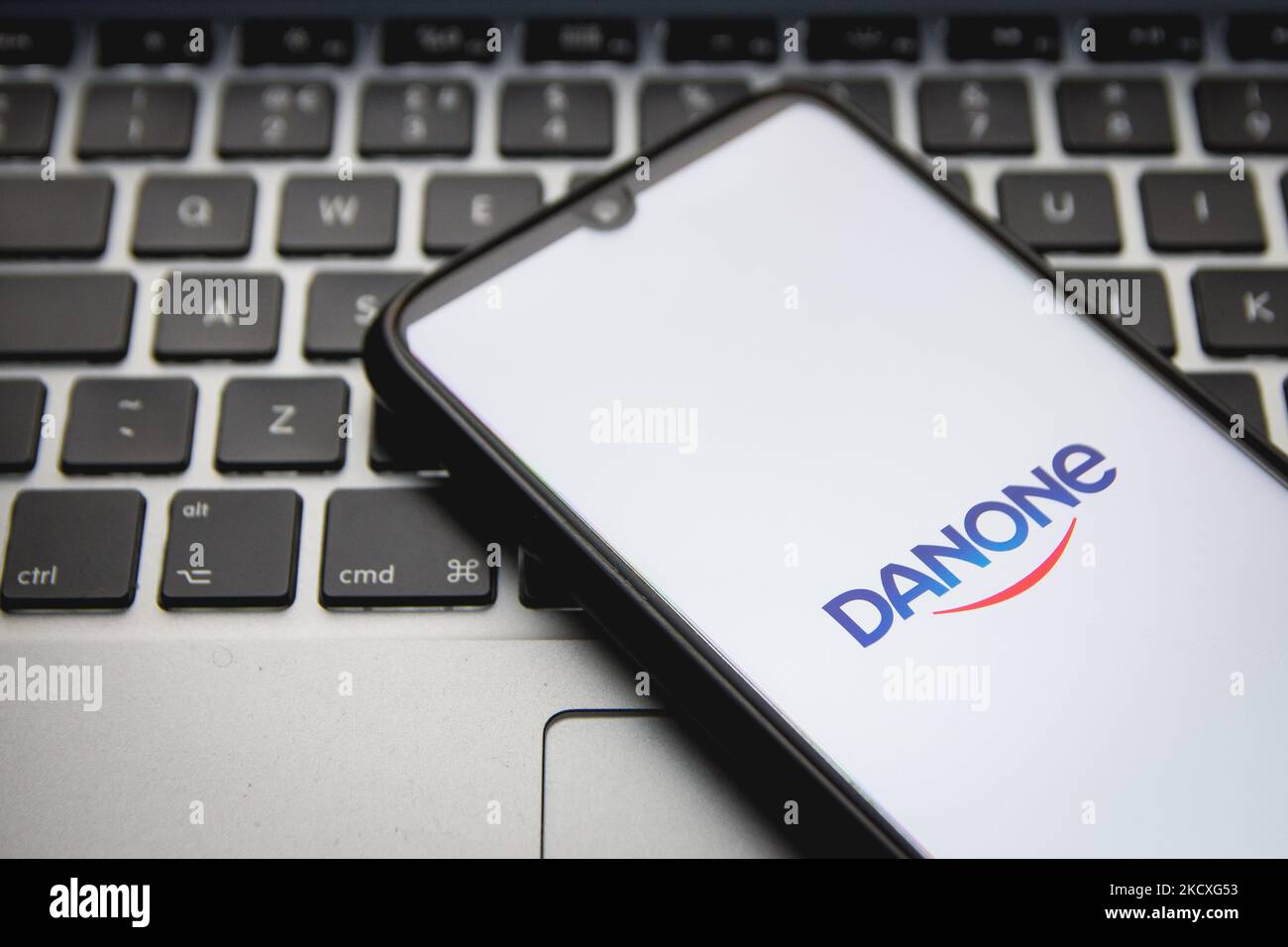 In this photo illustration a Danone logo seen displayed on a smartphone ...