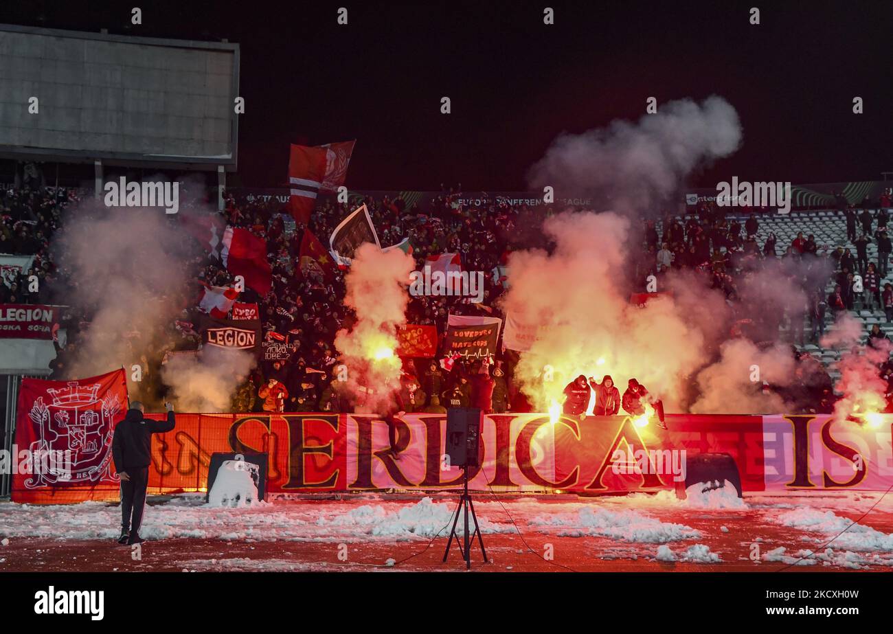 Fans of CSKA Sofia light flares during UEFA Europa Conference League ...