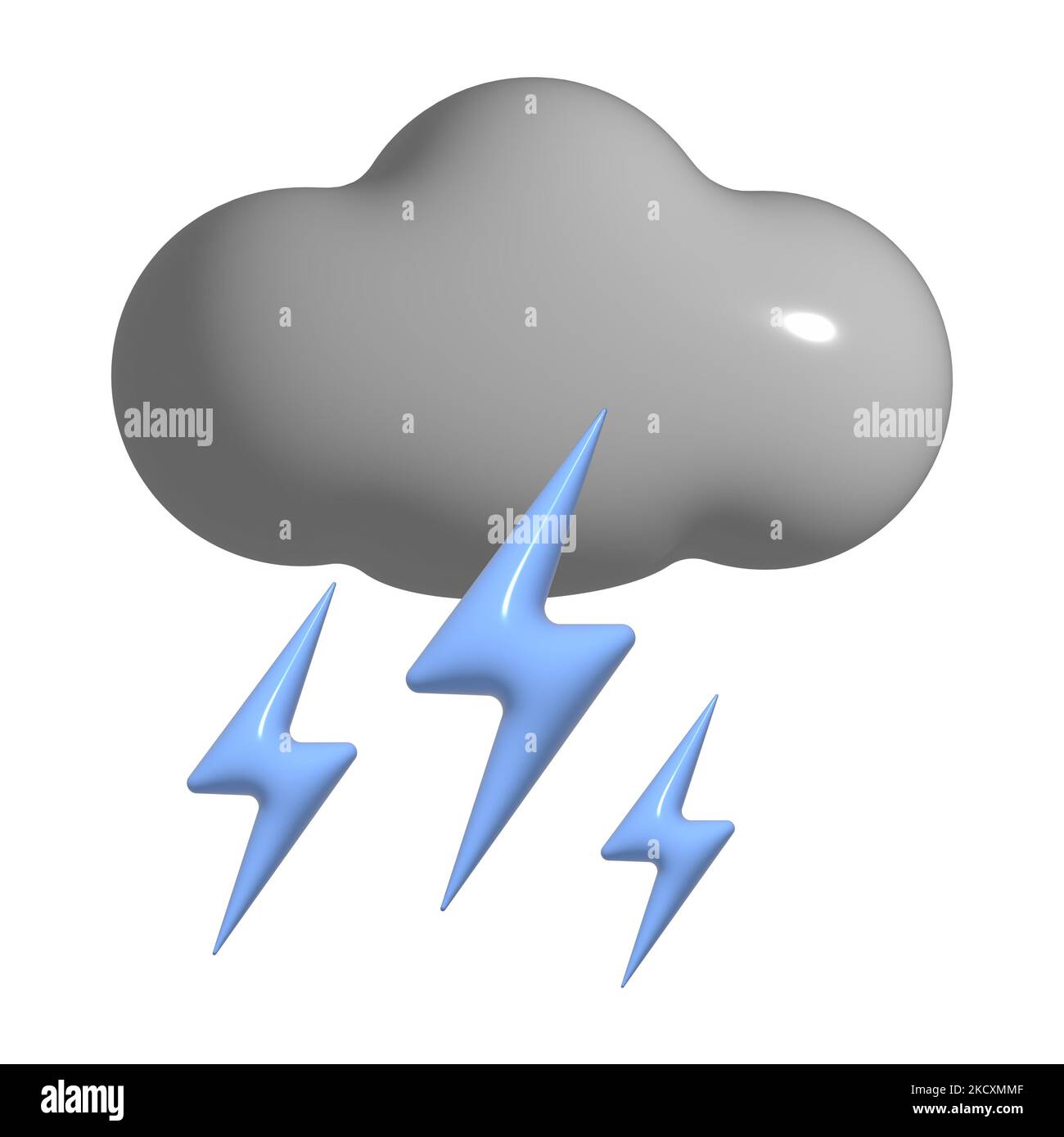 3D thunderstorm with blue lightning, grey cloud icon. 3d storm weather ...