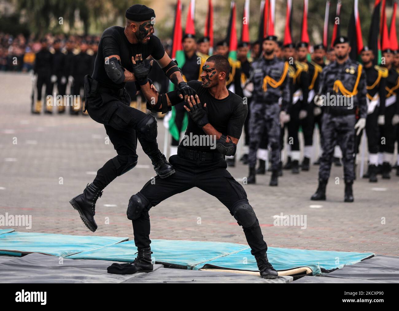 Members of the Palestinian security forces loyal to Hamas, demonstrate ...
