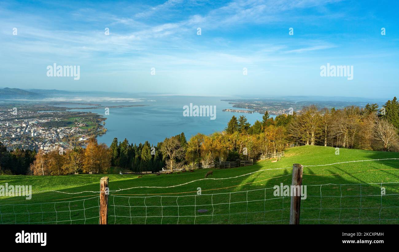 Autumnal panoramic view from the Pfänder mountain over the lake of ...
