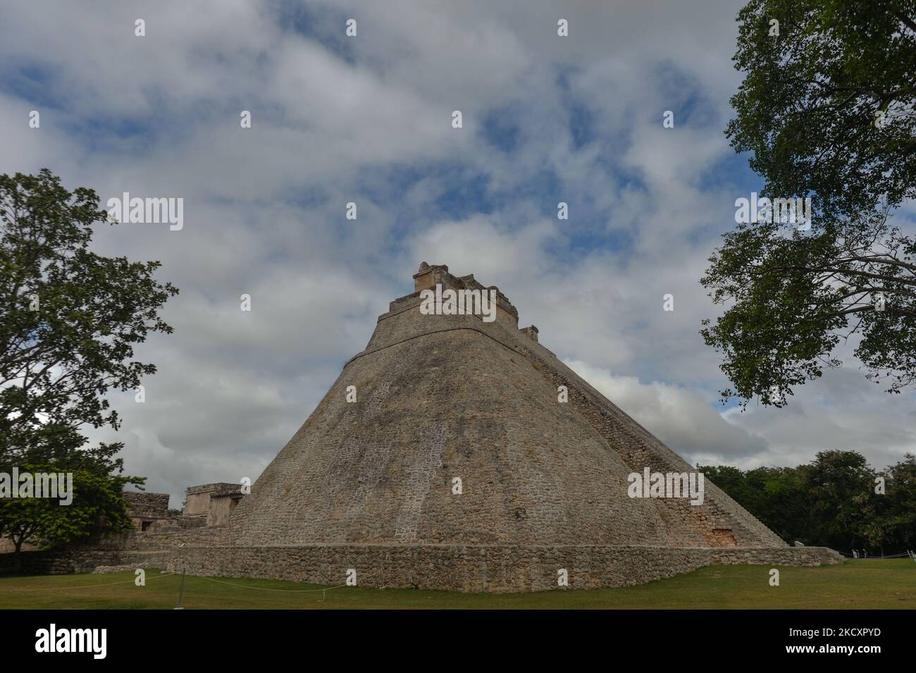 General view of the Pyramid of the Magician inside the ancient Mayan ...