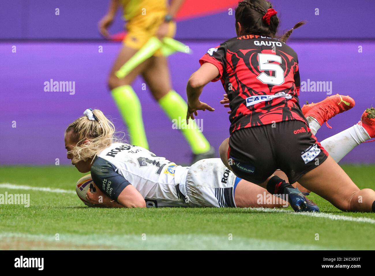 Hollie Dodd England goes over for a try during the Women's Rugby League ...