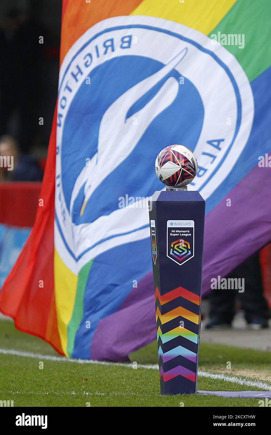 The match ball is on a plinth displaying the Pride colours in support ...