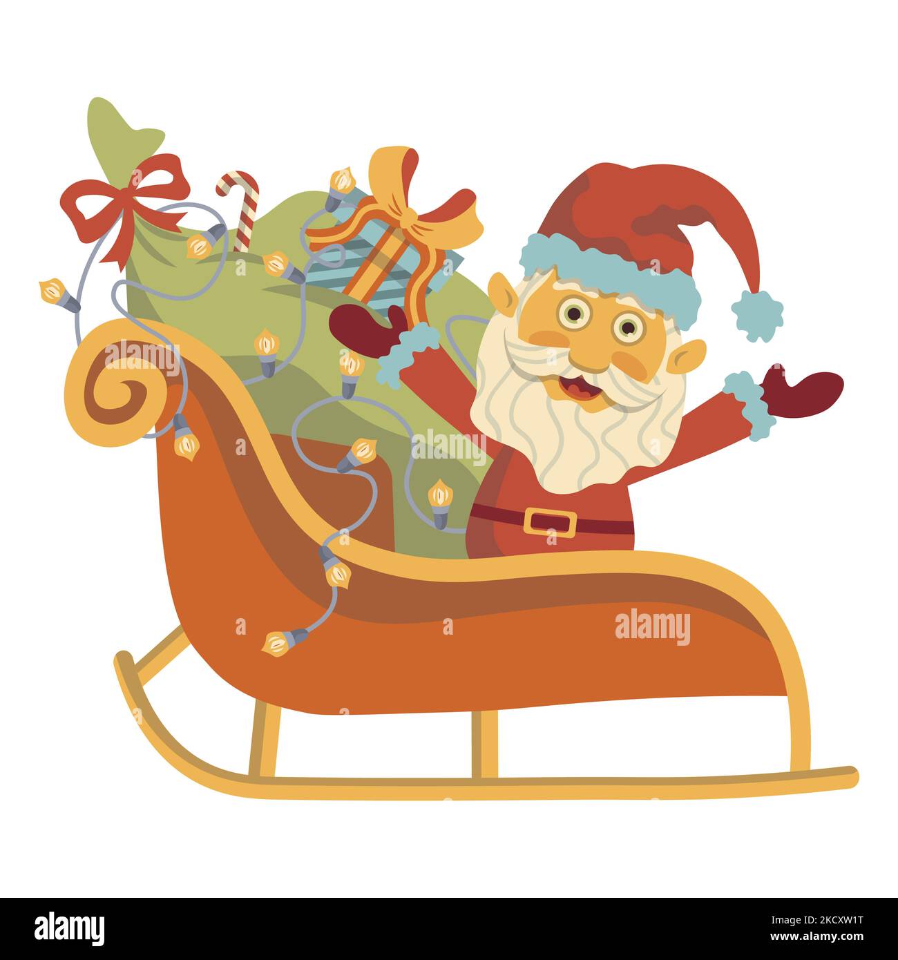 santa on a sleigh with a big bag of gifts new year christmas vector ...