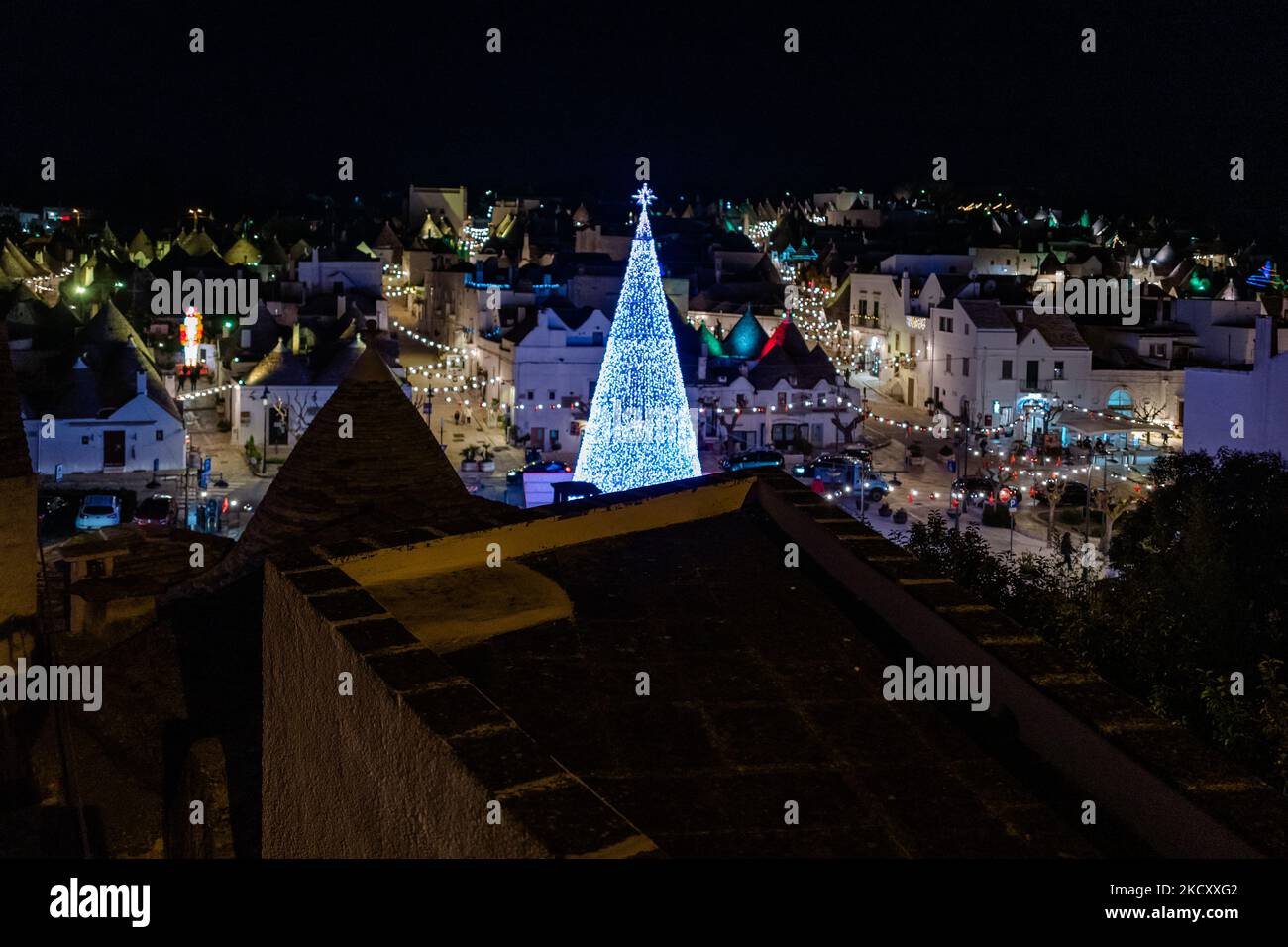 Top view of the village and the trulli of Alberobello with decorations ...