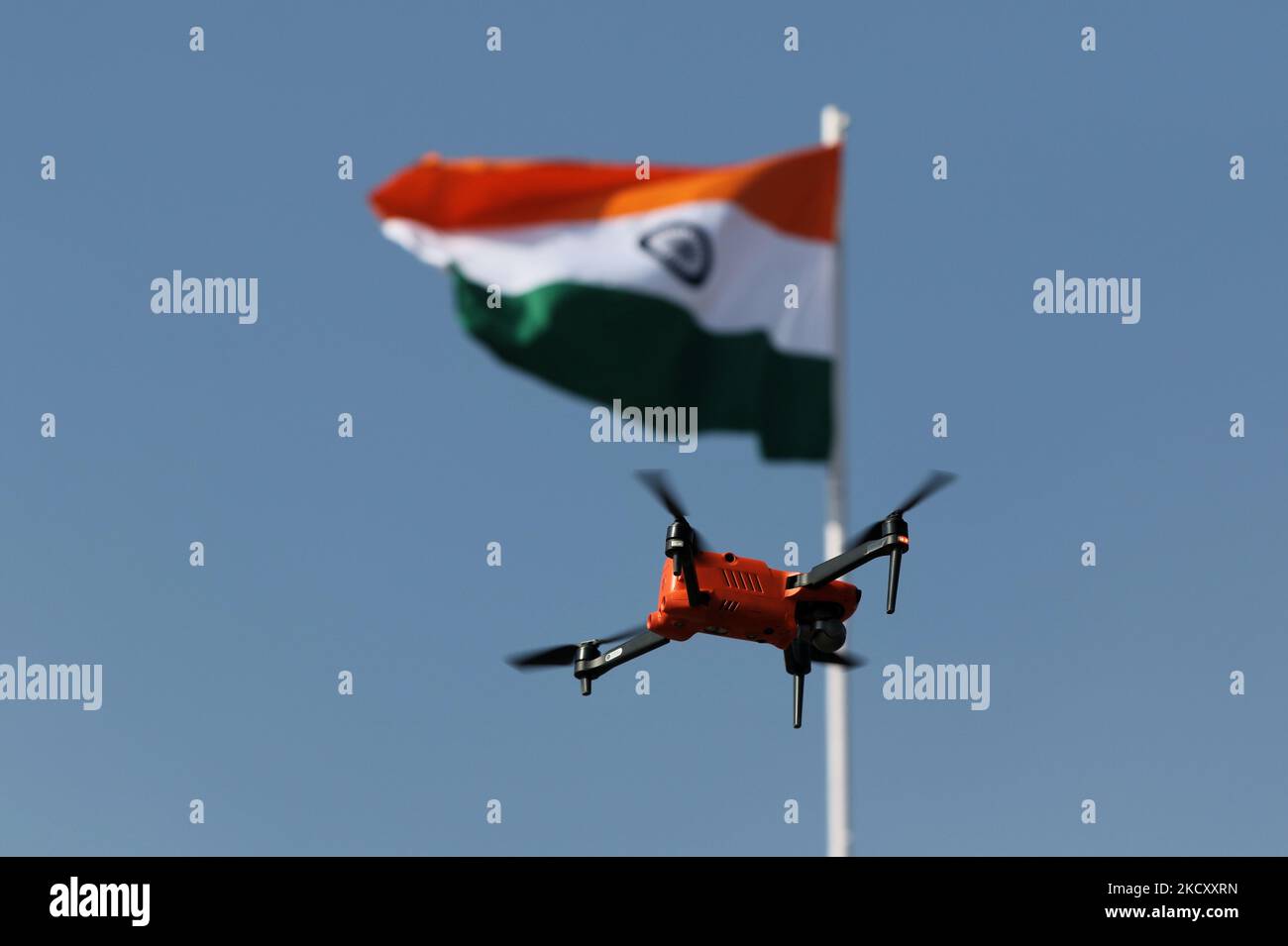 A Drone flies near the National Flag of India (Tri-Color) during Jashn ...