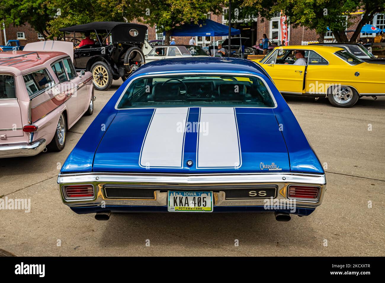 Des Moines, IA - July 01, 2022: High perspective rear view of a 1970 ...