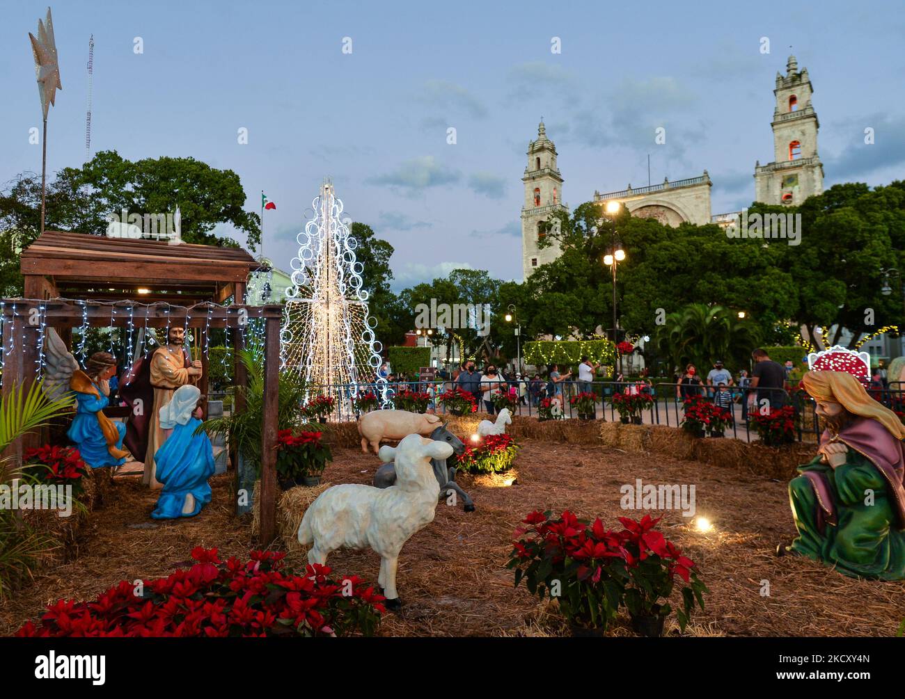 The nativity scene in the main square in front of Merida Cathedral. On ...