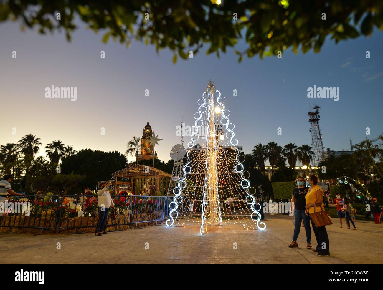 Nativity scene and Christmas tree in the main square in front of Merida ...