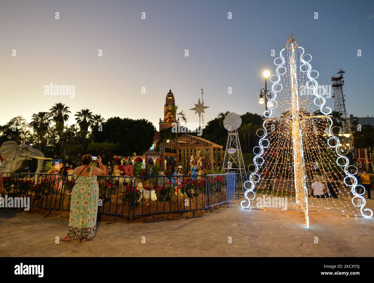 Nativity scene and Christmas tree in the main square in front of Merida ...
