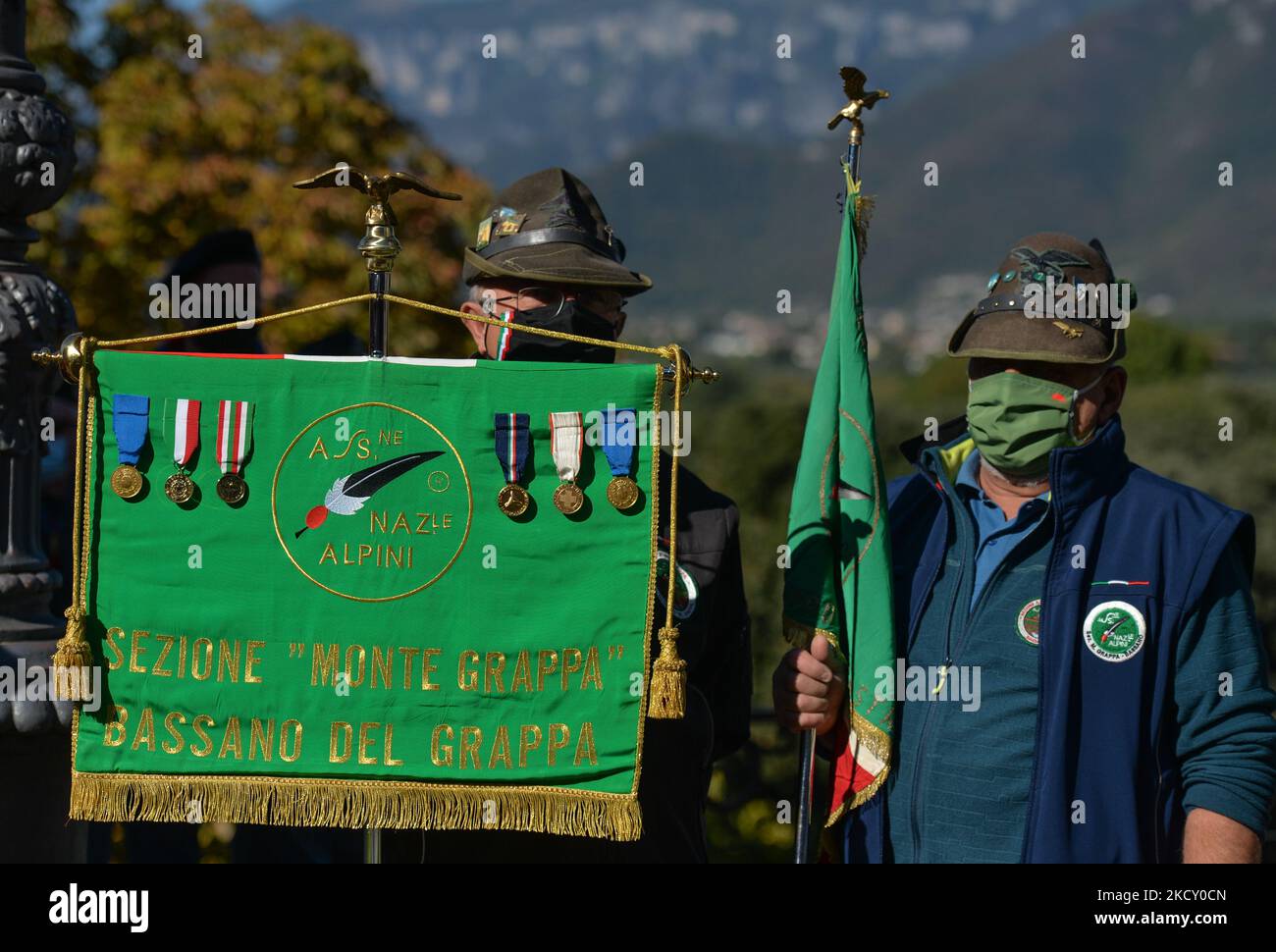 Italian Army's Alpini troops veterans holding their banners during the ...