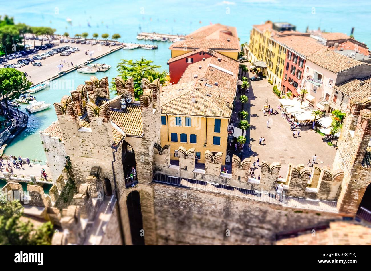 Aerial view of Sirmione from the Scaliger Castle over the Lake Garda ...