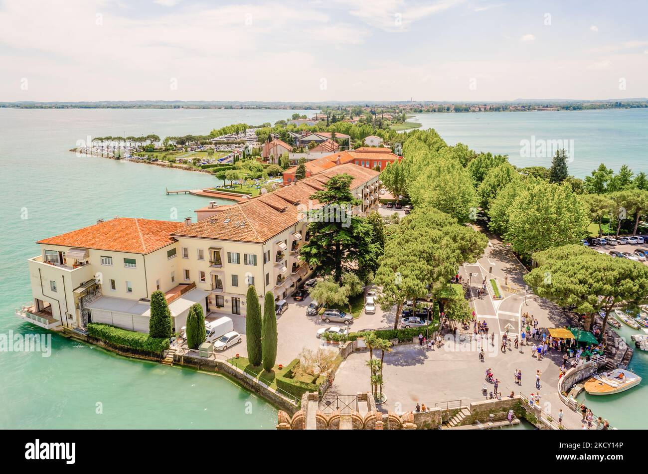 Aerial view of Sirmione from the Scaliger Castle over the Lake Garda ...