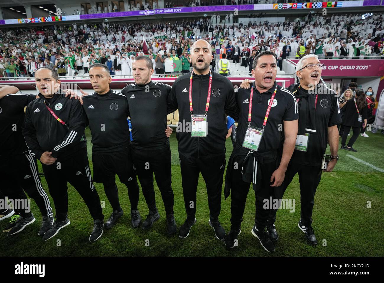 The technical staff of the Algerian national team during the flag ...