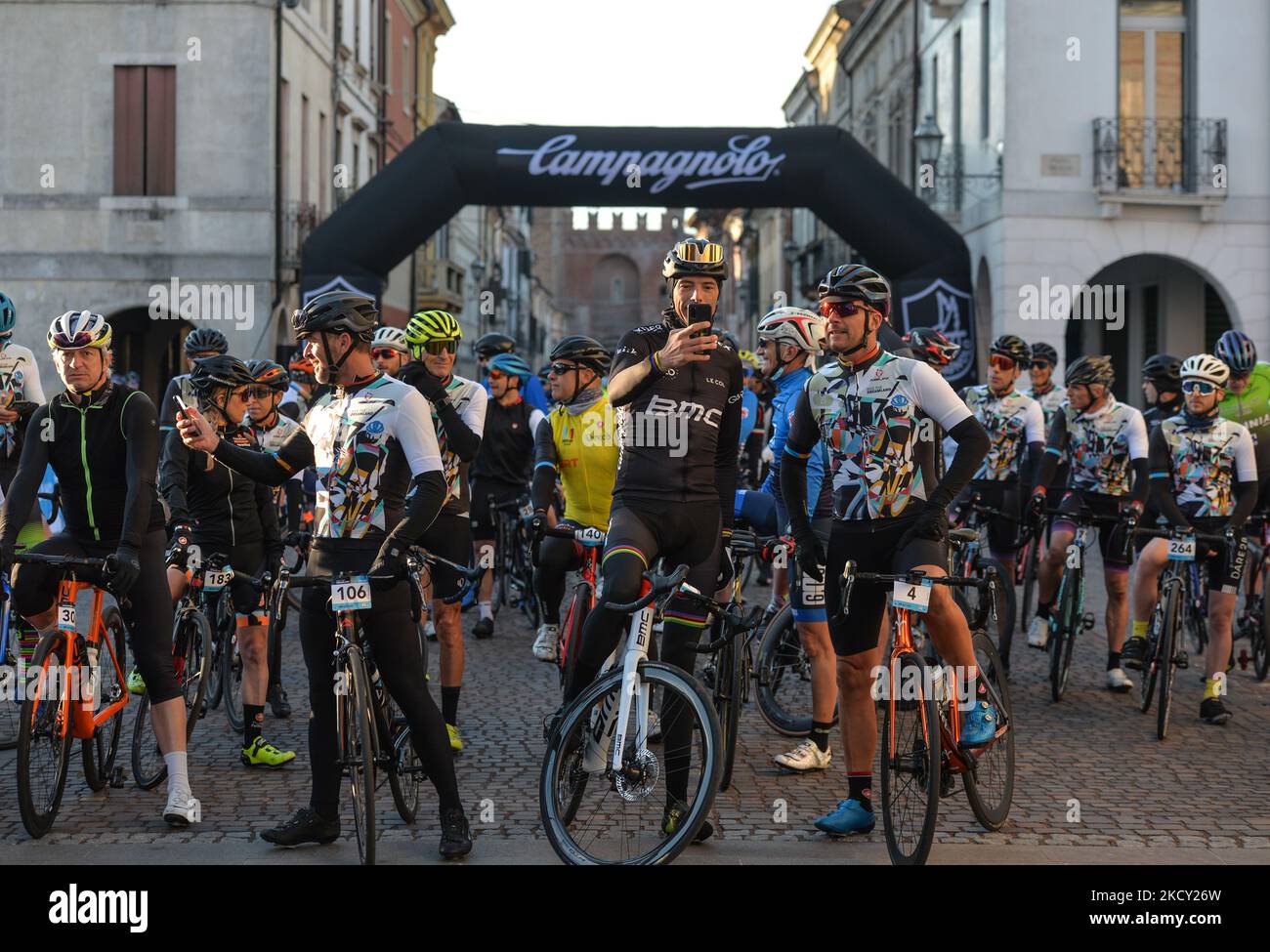 The first group of riders at the start line with Alessando Ballan ...