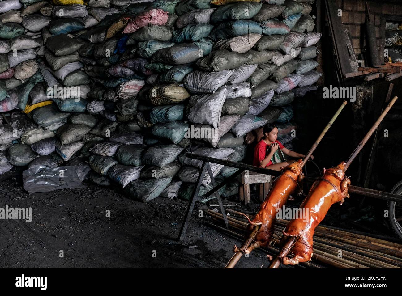 QUEZON CITY, Philippines - A woman manually rotates a machine connected ...
