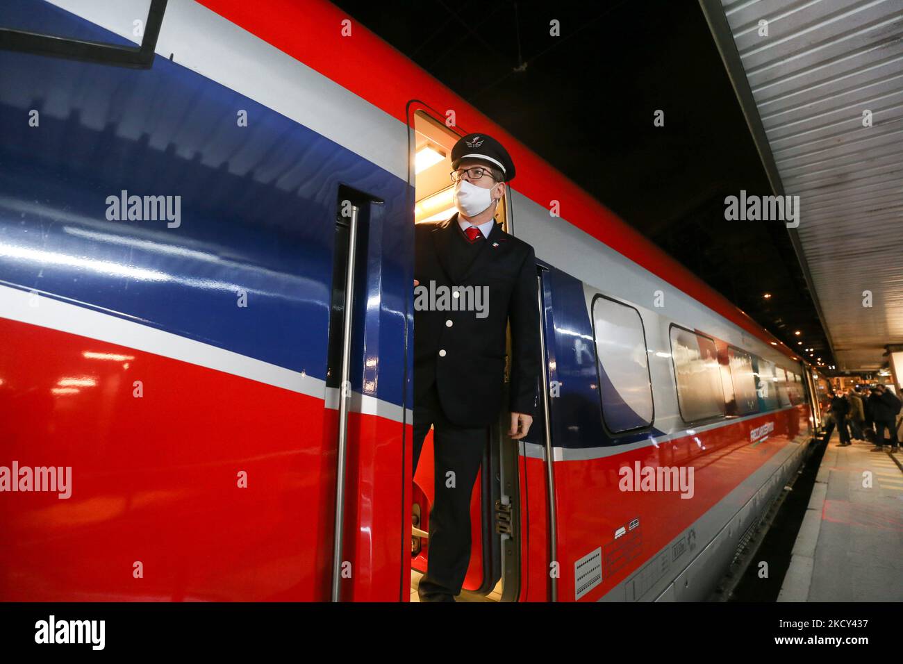 A high-speed train driver stands in the first Frecciarossa, a high ...