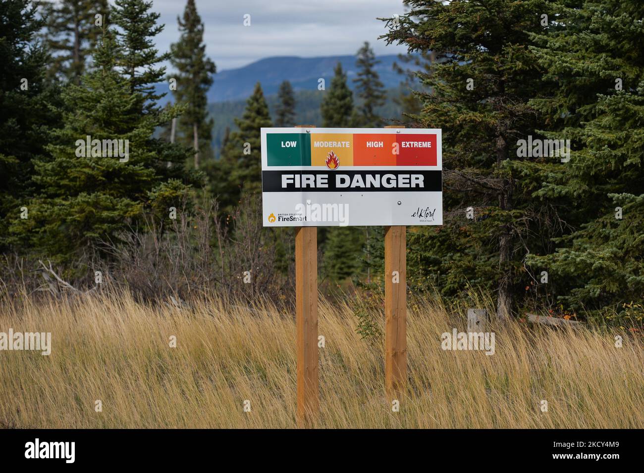 Fire danger sign indicating a moderate fire hazard on the Sparwood to ...