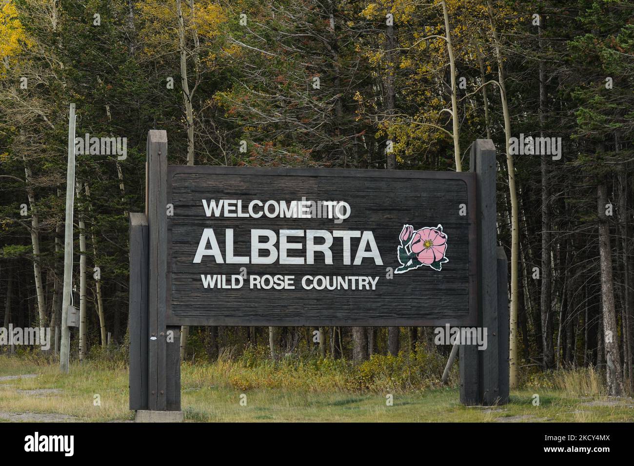 A sign 'Welcome To Alberta' on Crowsnest Highway near Crowsnest. On ...