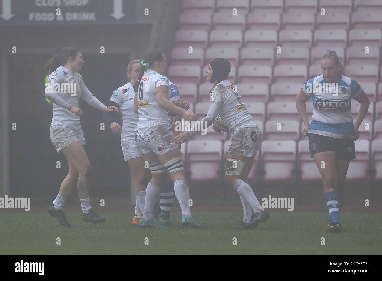 Exeter Chiefs' celebrate after Merryn Doidge try during the WOMEN'S ...