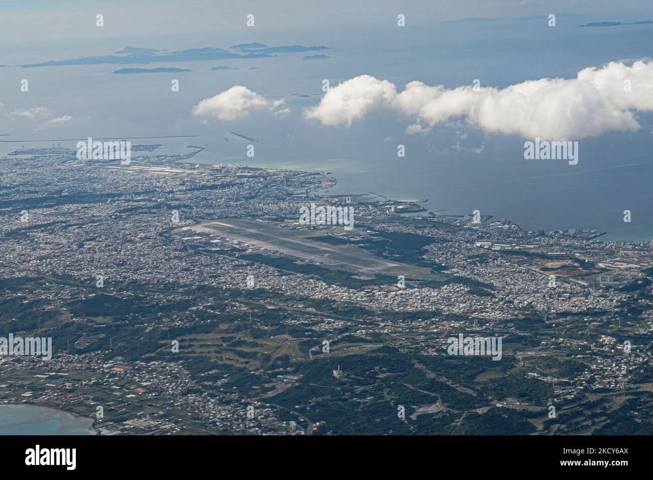 In an aerial view of central Okinawa Island, US Marine Corps Air ...