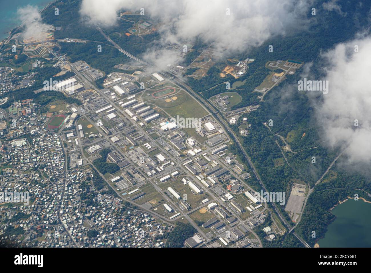 An aerial view of US Marine Corps Camp Hansen in Kin on December 12 ...