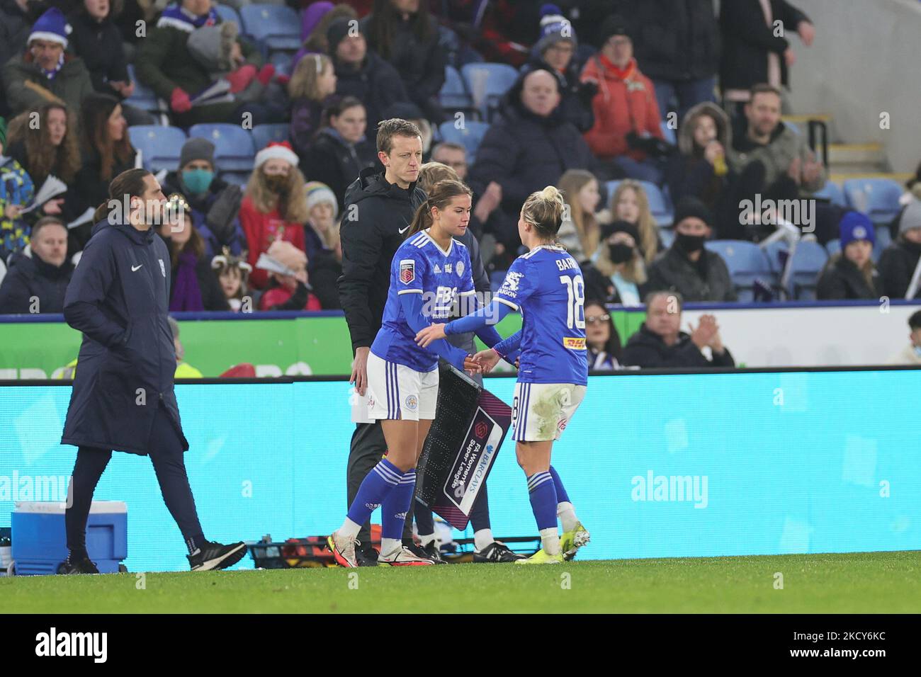 Sophie Barker of Leicester City interacts with teammate Georgia ...